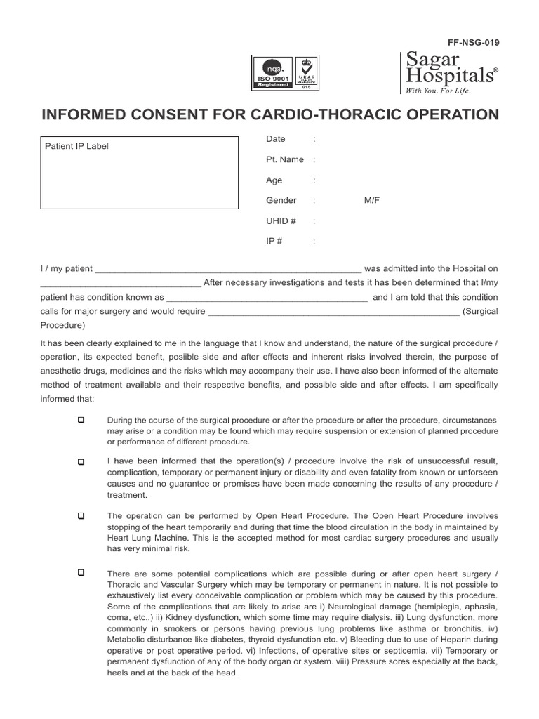 Informed Consent For Cardio Thoracic | PDF | Surgery | Physician