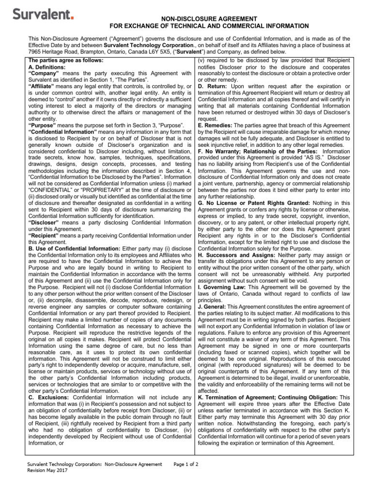 STC NDA Template 1705 | PDF | Trade Secret | Non Disclosure Agreement