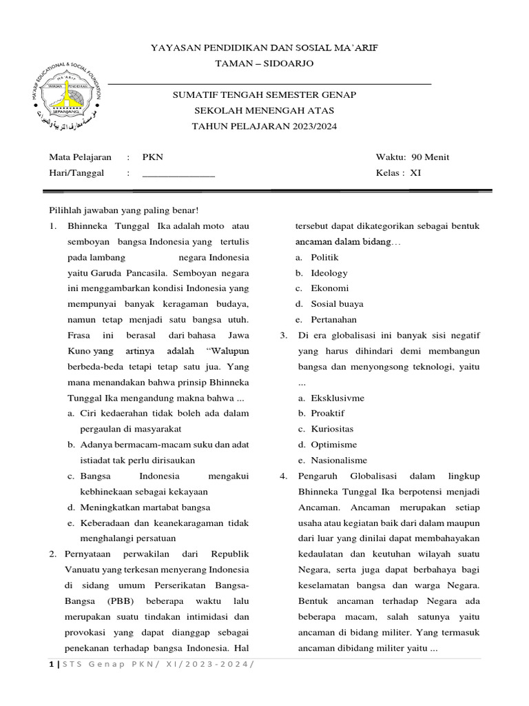 Soal PKN Kelas Xi | PDF | Politik | Ilmu Sosial