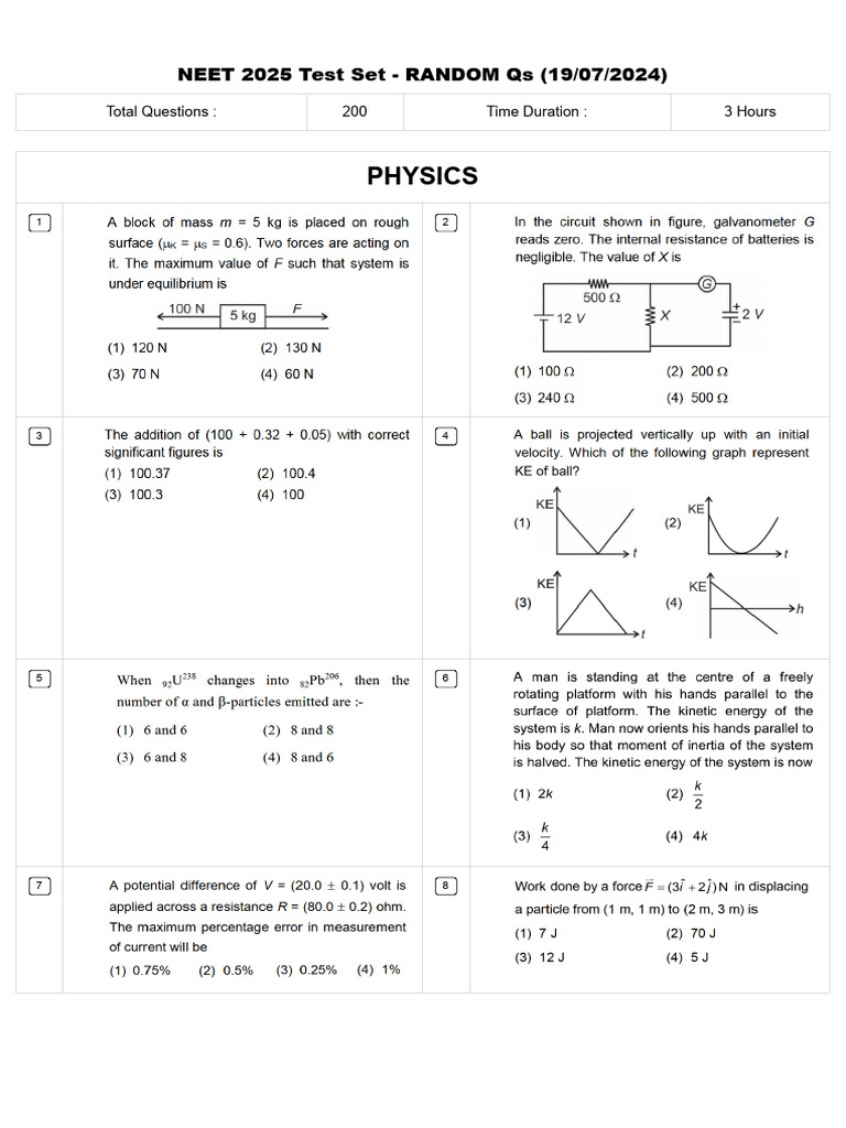 NEET 2025 Random Test Questions Set | PDF | Standardized Tests ...