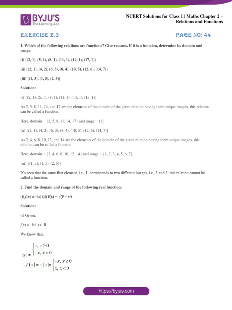 NCERT Solutions For Class 11 Maths Chapter 2 Relations and Functions Exercise 2.3 | PDF ...