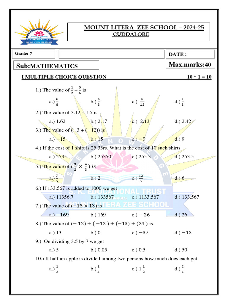 PT -1 Grade 7 maths | PDF | Elementary Mathematics | Mathematics