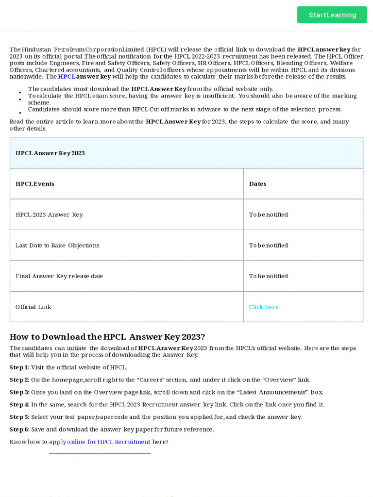 HPCL Answer Key 2023 | PDF
