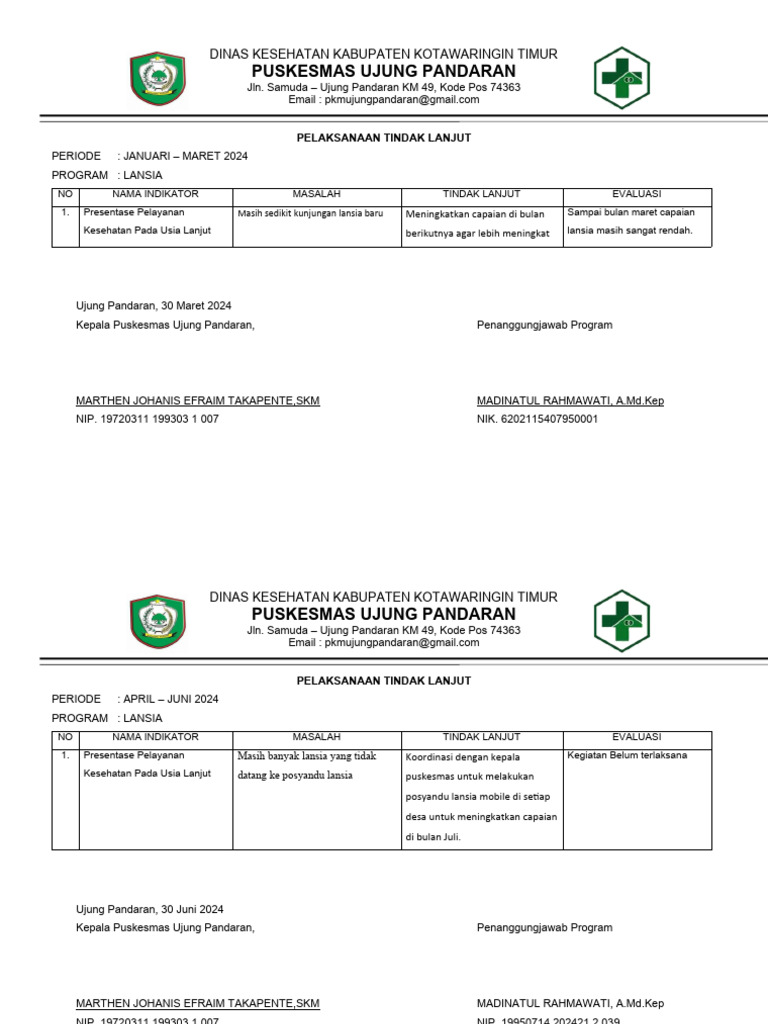 Format Tindak Lanjut Lansia Jan-Juni 2024 | PDF