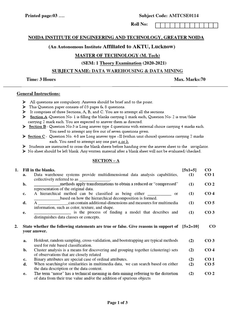 Data Warehousing&Data Mining AMTCSE0114 | PDF | Cluster Analysis | Statistical Classification