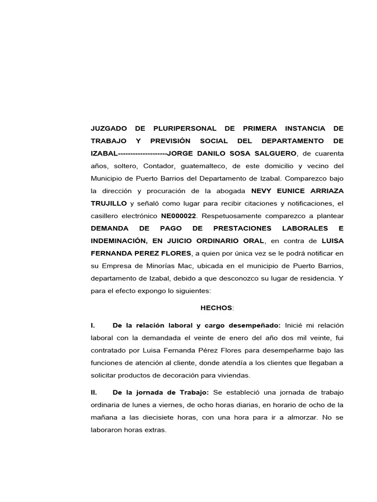 Demanda Ordinaria Laboral Reclamando Indemnizacion y Prestaciones ...