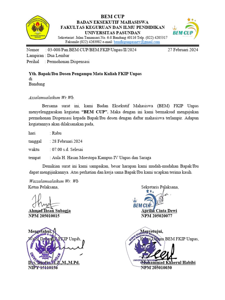 Permohonan Dispensasi Pengurus HIMA PGSD 28 Februari 2024 | PDF