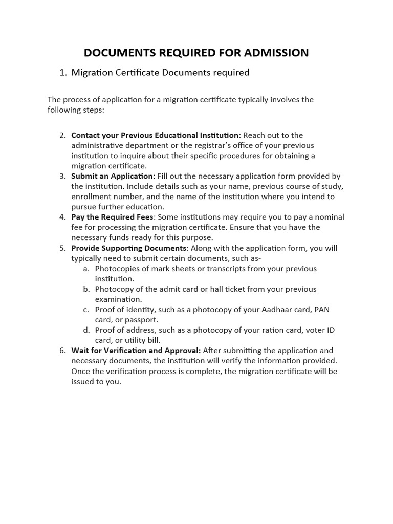 DOCUMENTS REQUIRED FOR ADMISSION | Download Free PDF | Identity ...
