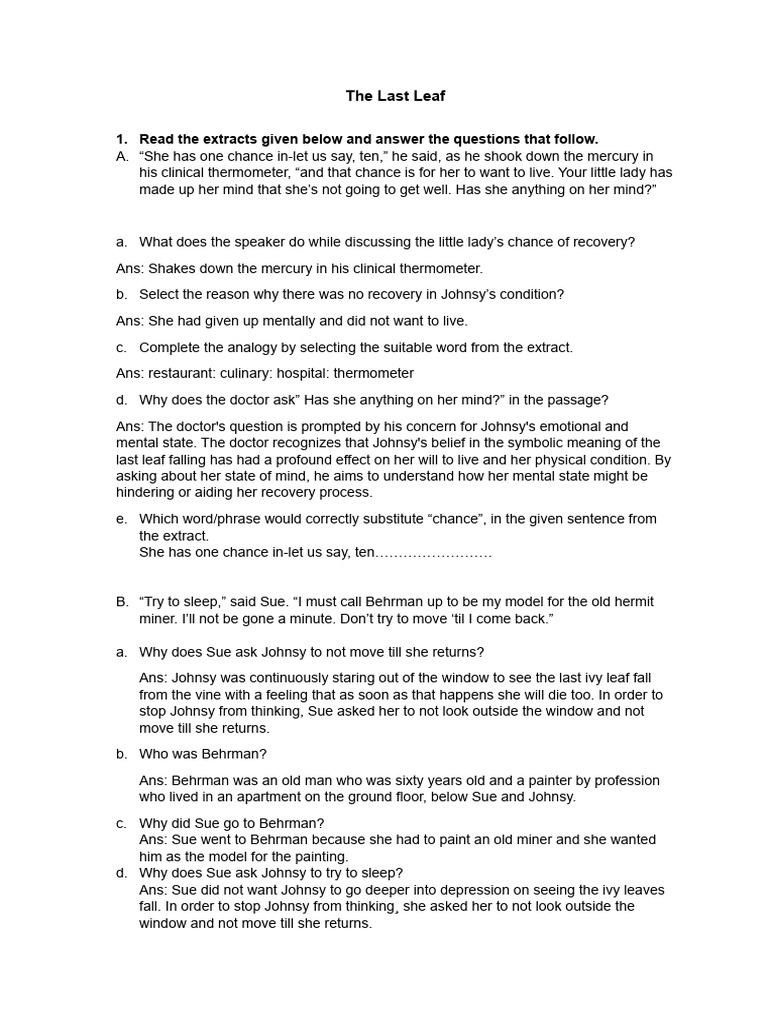 The Last Leaf TB Answers | PDF | Mind