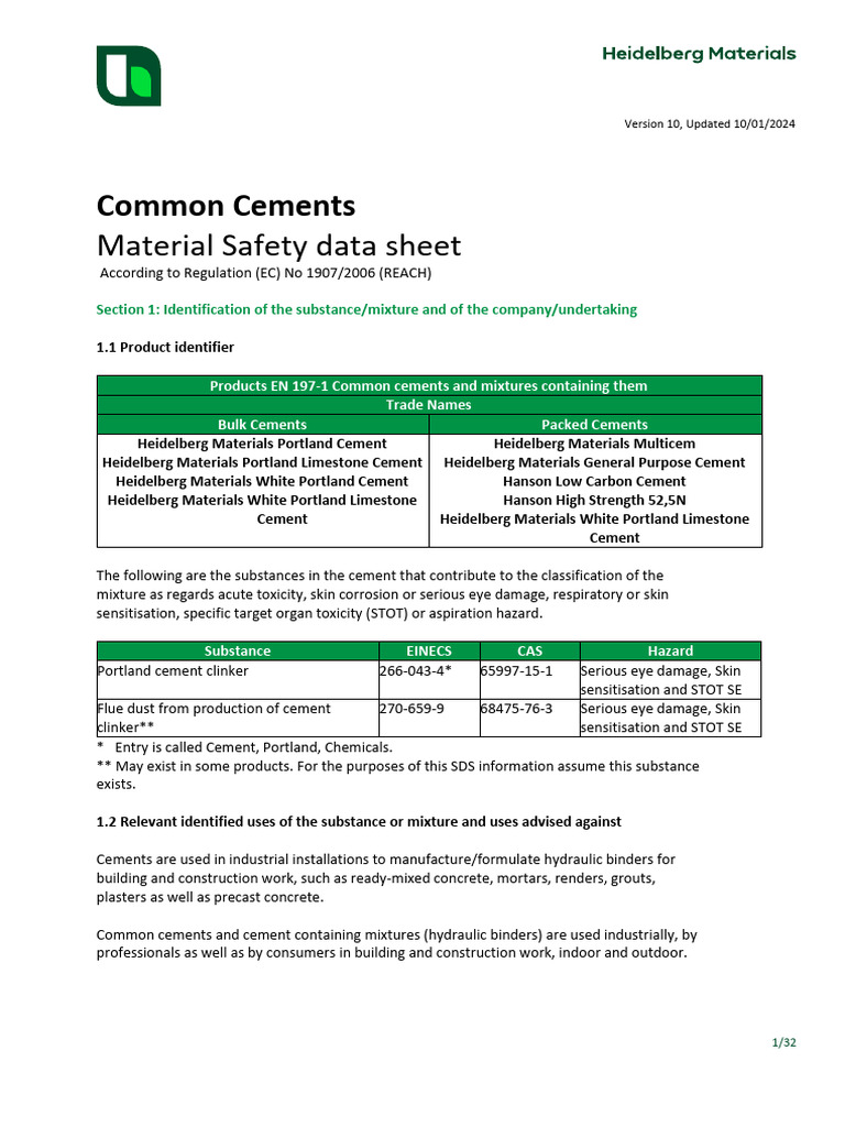 MSDS of Common Cements - Jan 2024 | PDF | Cement | Dermatitis