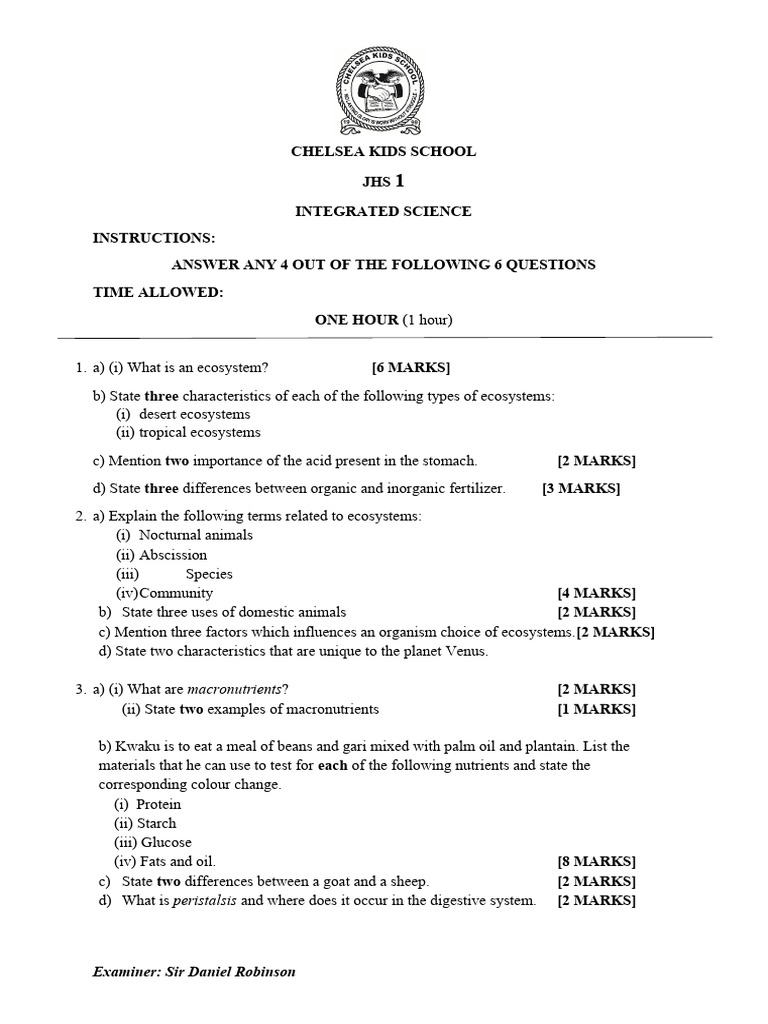 Form 1 - Science Test | PDF | Digestion | Ecosystem
