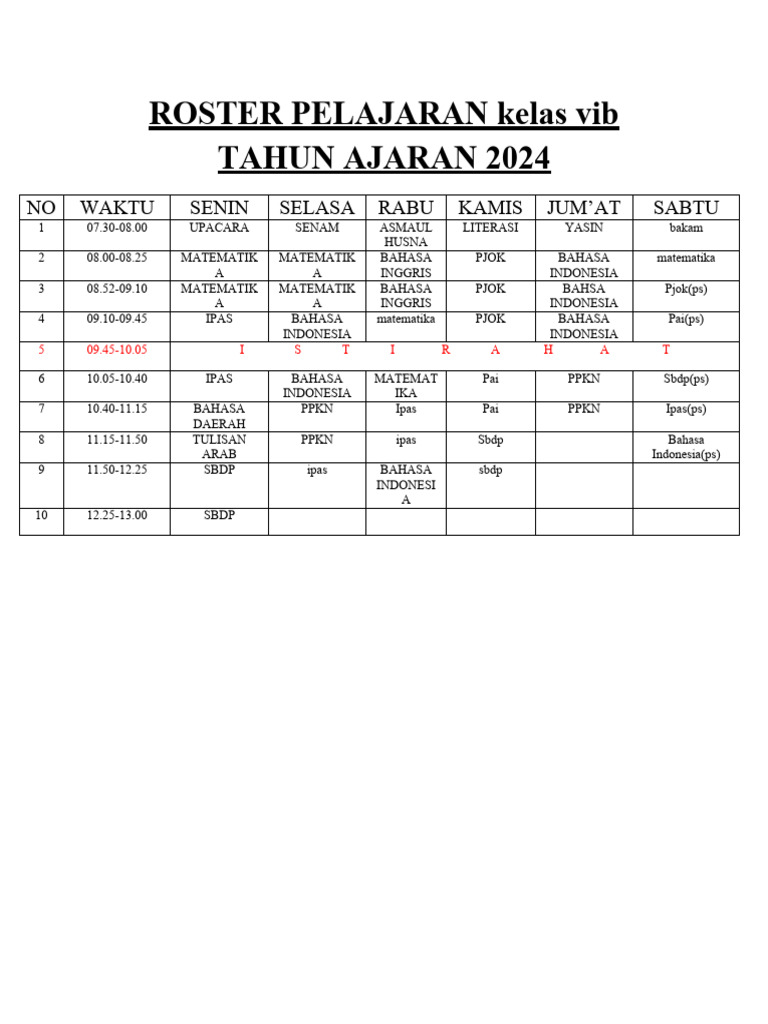 Roster Pelajaran Tahun Ajaran 2024 Pdf