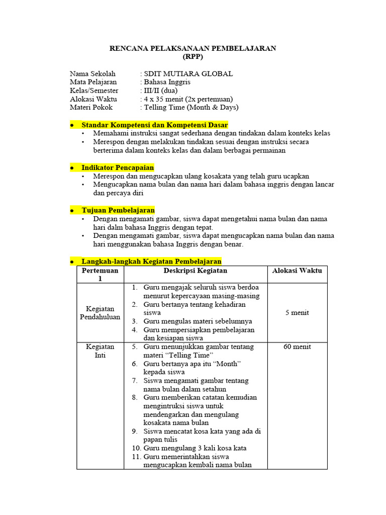 RPP Telling Time KLS 3 | PDF | Seni & Disiplin Bahasa