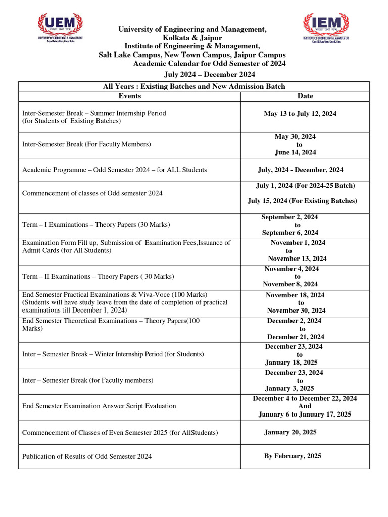 IEM UEM Academic Calendar of Odd Semester 2024 1 | PDF | Academic Term ... IEM UEM Academic Calendar of Odd Semester 2024 1 | PDF | Academic Term ...