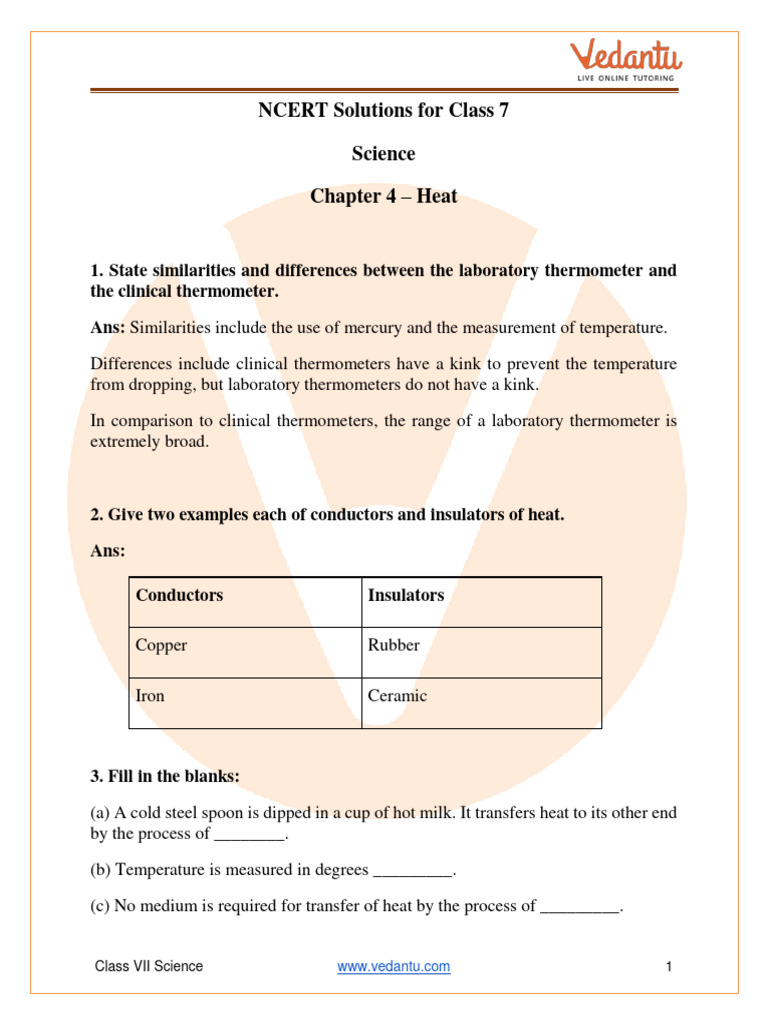 NCERT Solutions For Class 7 Science Chapter 4 - Heat - . | PDF ...