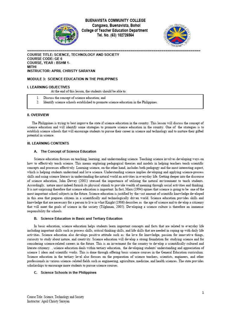 Prelim Module 3 in STS 1 | PDF | Science Education | Science