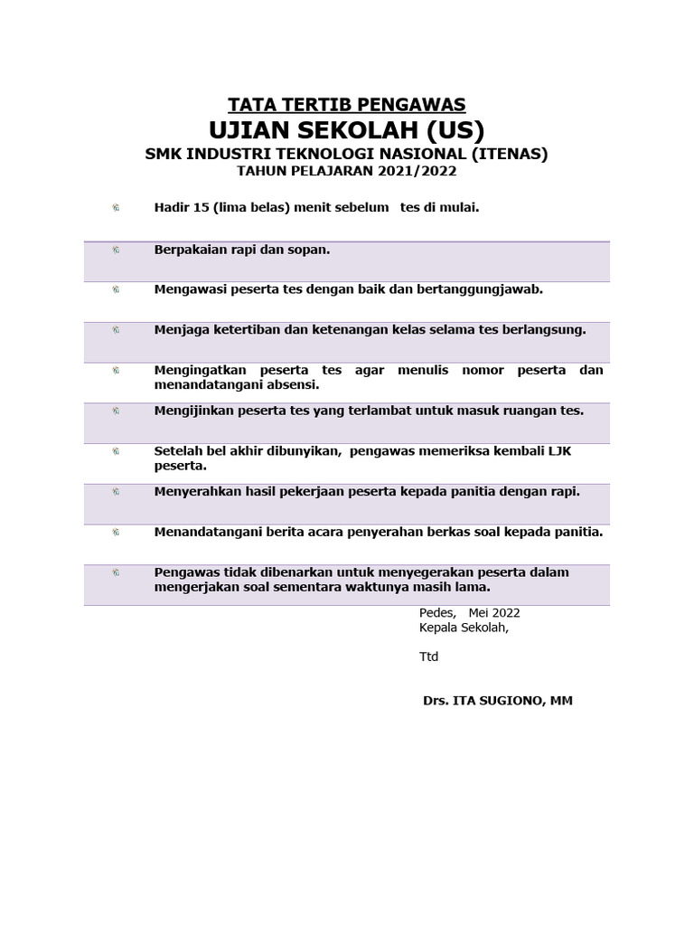 Tata Tertib Pengawas & Peserta Us | PDF