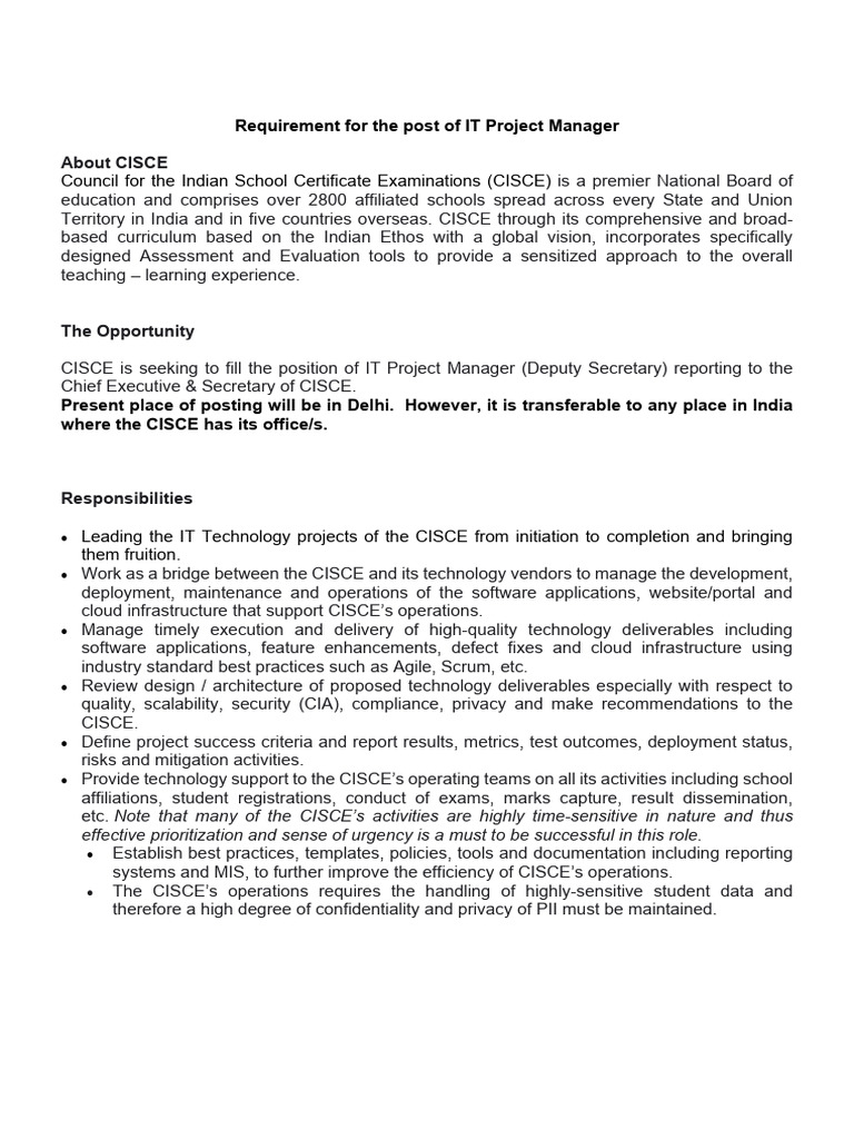 Requirement For The Post of IT Project Manager | PDF | Agile Software Development | Cloud Computing