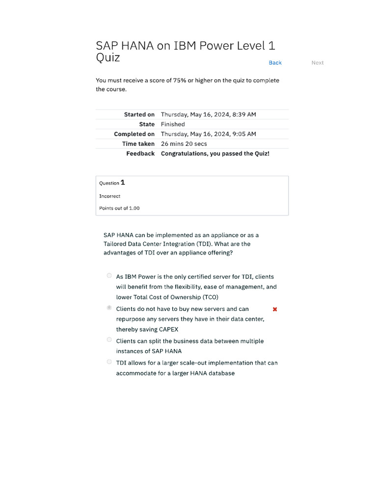 SAP HANA on IBM Power Level 1 Quiz | PDF