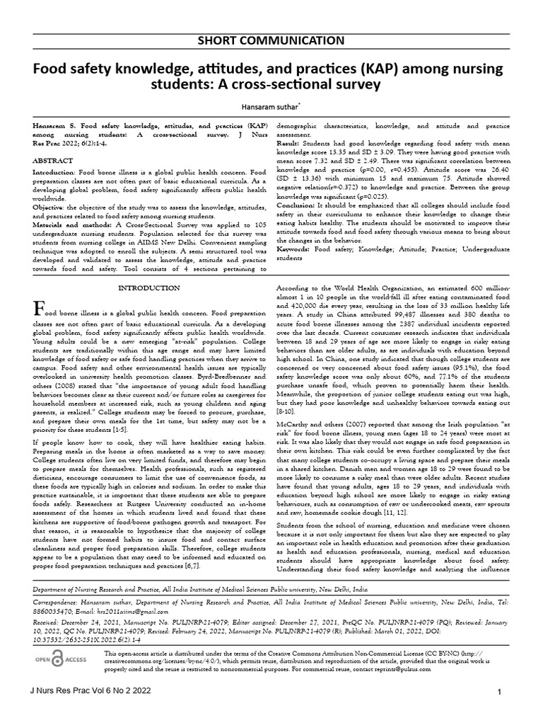 Food Safety Knowledge Attitudes and Practices Kap Among Nursing ...