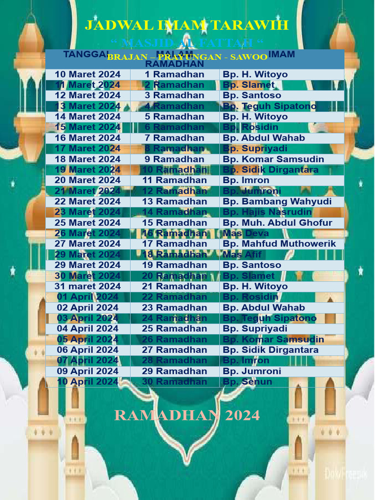 Jadwal Tarawih 2024 (AutoRecovered) | PDF | Ramadan | Observances Set