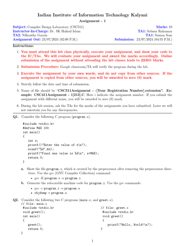 CSC511[Compiler Design] Autumn 2024-2025 Lab Ass - 1 | PDF | Computing | Computer Programming