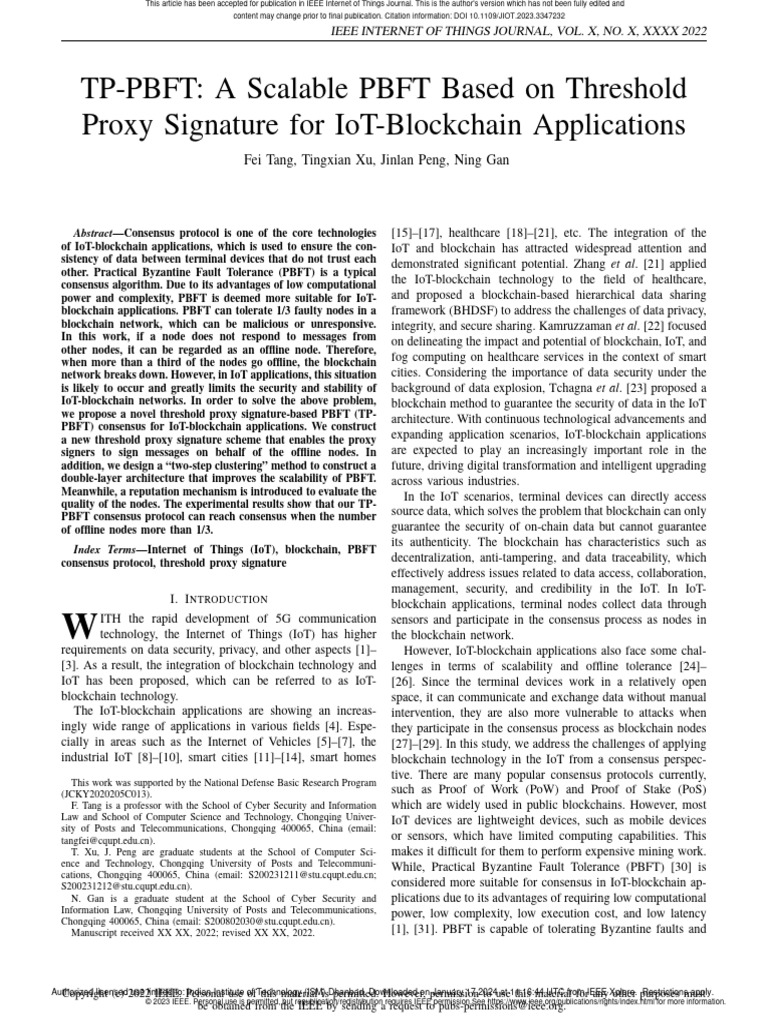 TP-PBFT: A Scalable PBFT Based On Threshold Proxy Signature For Iot-Blockchain Applications ...