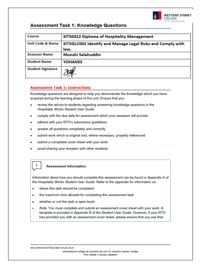 SITXGLC002 Assessment Task 1 Guide | PDF | Occupational Safety And ...