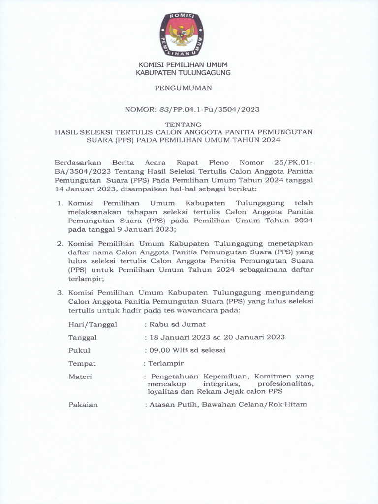 Pengumuman Seleksi Tertulis PPS | PDF