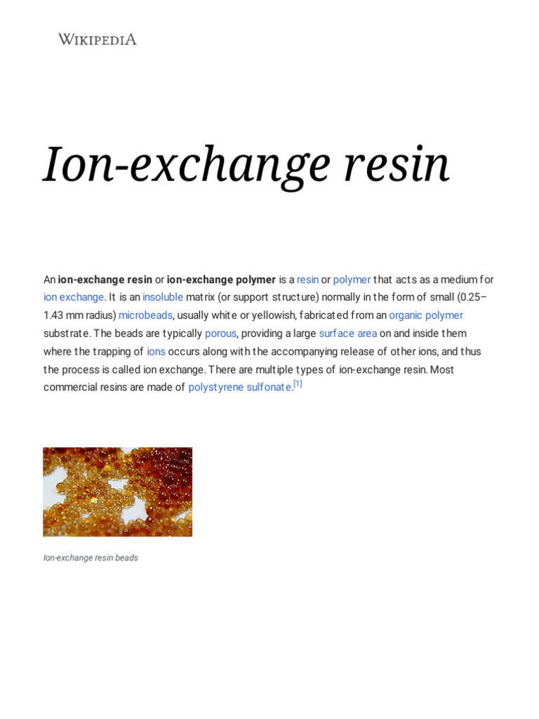 Ion-Exchange Resin - Wikipedia | PDF | Ion Exchange | Chemical Substances