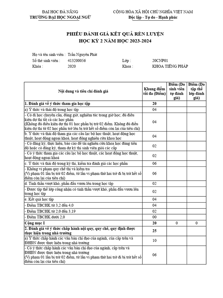 Phieu Diem Ren Luyen | PDF