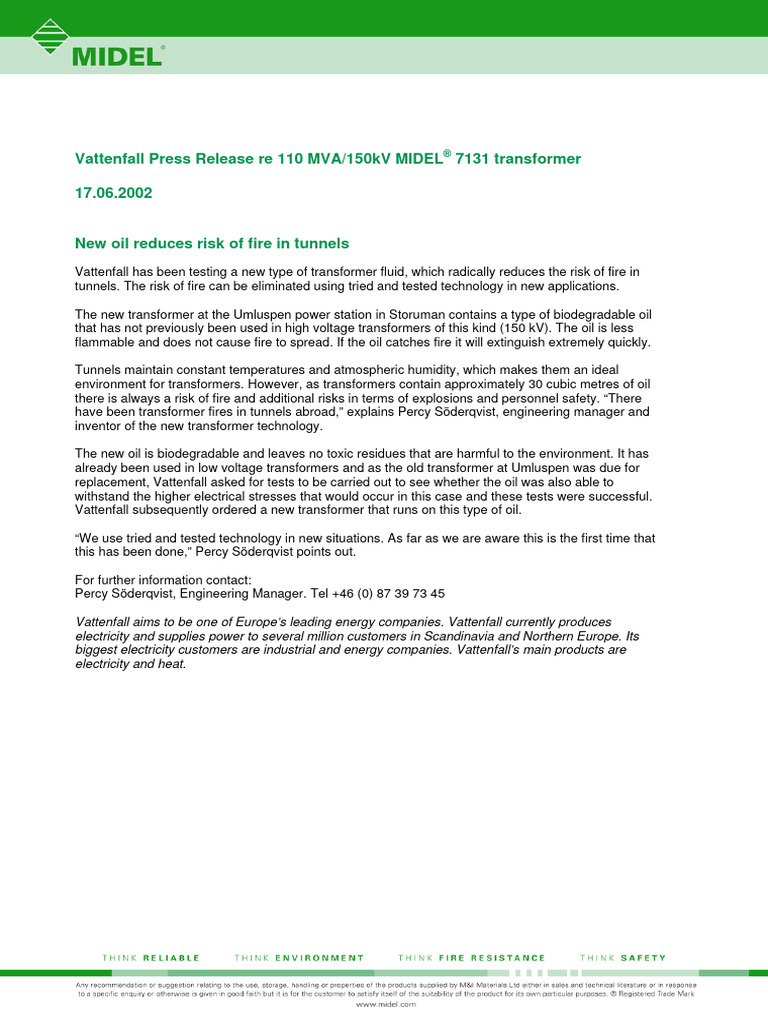 Vattenfall Case Study Midel Transformer Fluid Reduces Risk of A Fire in ...