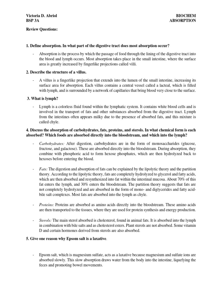 Absorption Review Questions | PDF | Small Intestine | Digestion