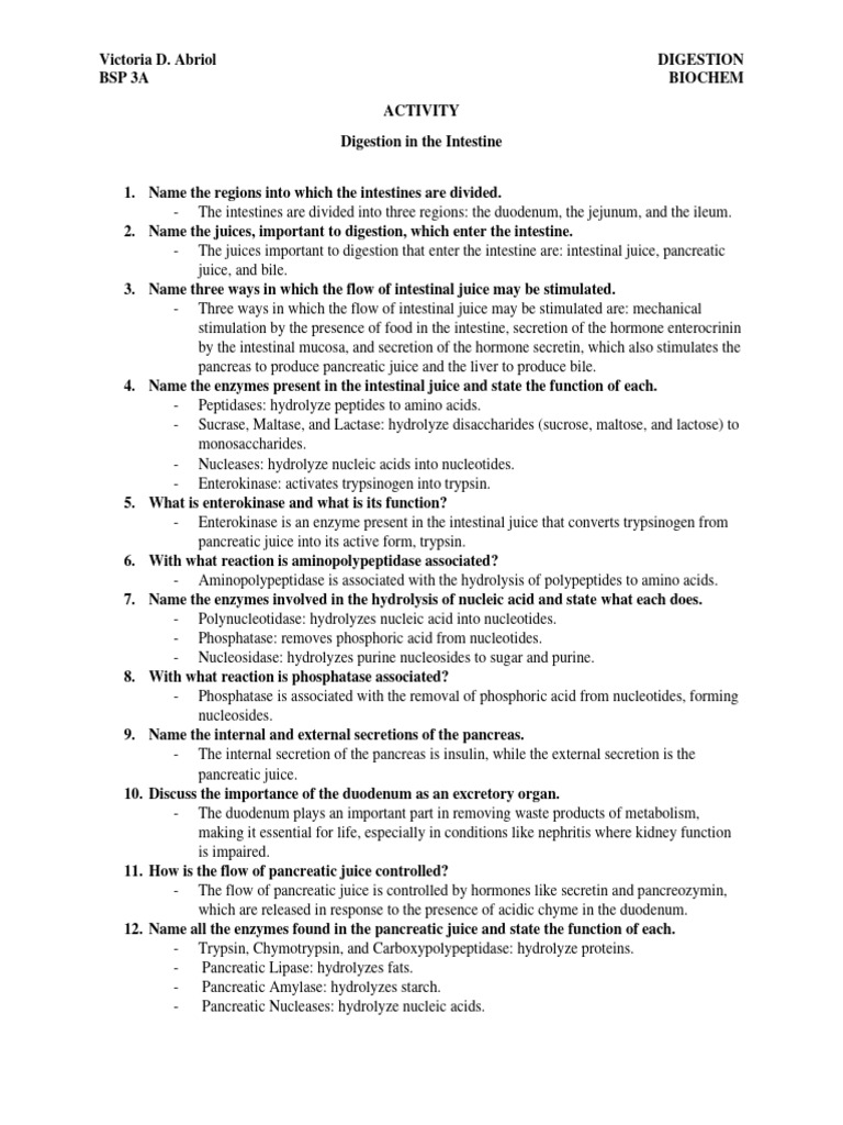 Digestion in The Intestine Review Questions | PDF | Bile | Pancreas