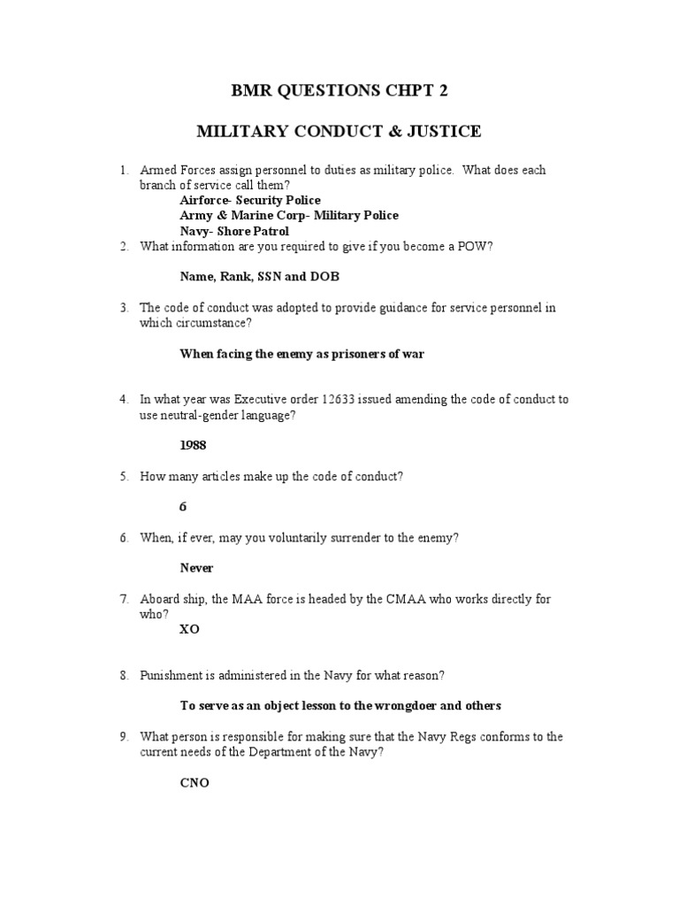 BMR Questions CHPT 2 Military Conduct & Justice | PDF | United States ...