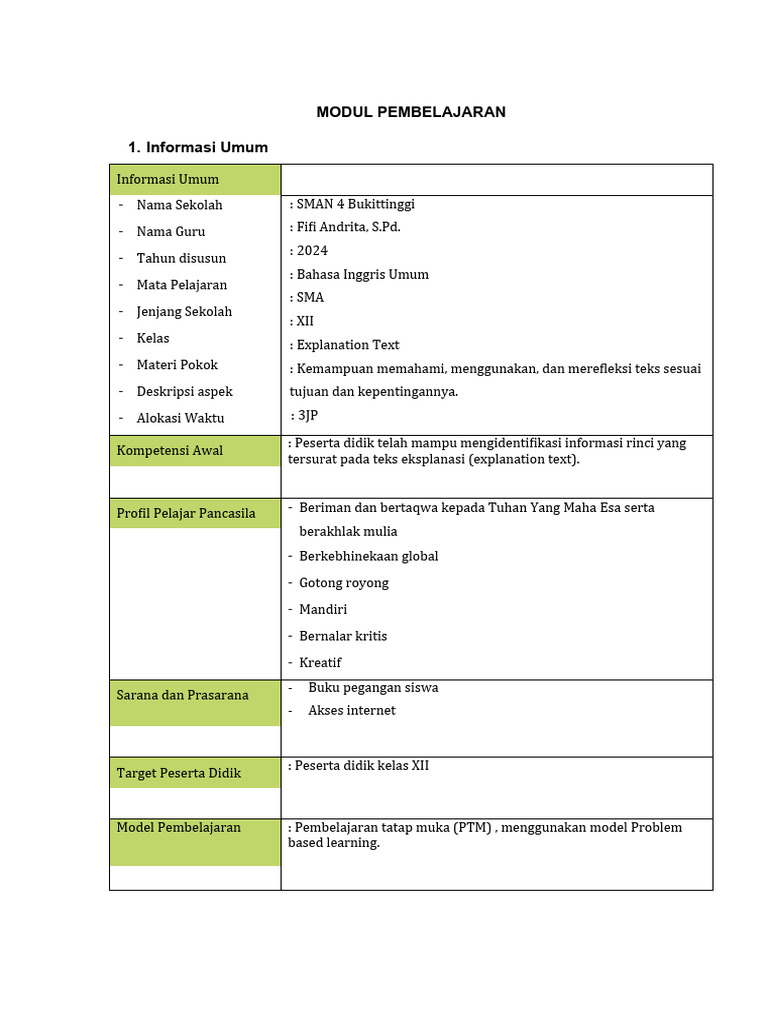 Modul Ajar Explanation Text 2 | PDF