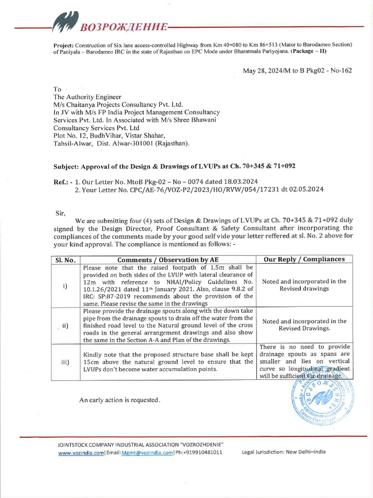 0162 JSC VOZ MtoB Pkg 02 2023 May 28, 2024 Approval of design and drawing of LVUPs at Ch 70+345 ...