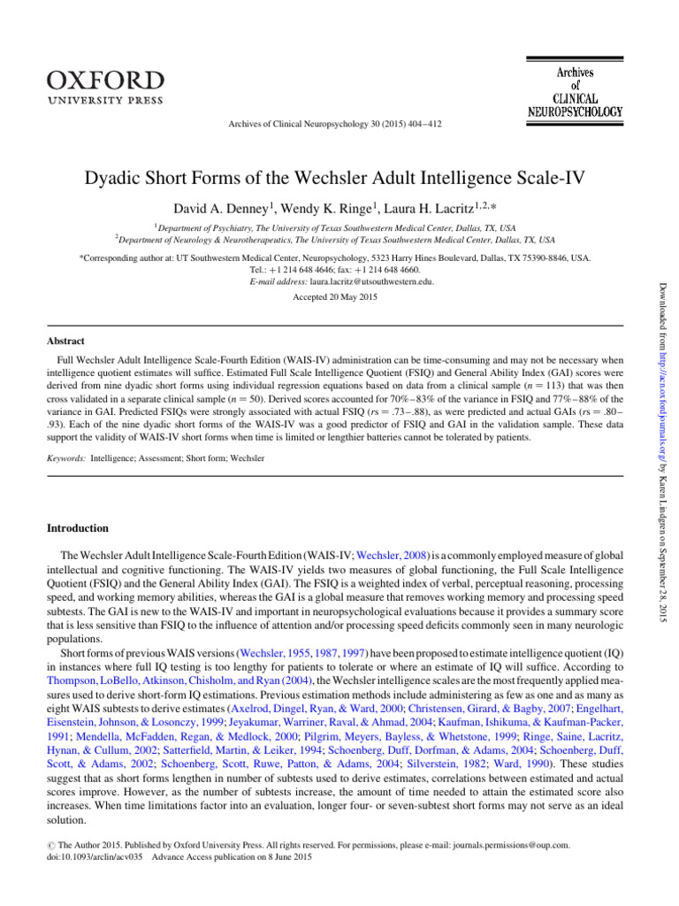WAIS-IV Short Forms - Denney Et Al | PDF | Wechsler Adult Intelligence ...