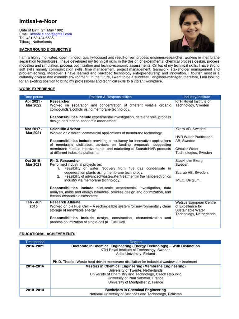 Imtisal E Noor - CV PDF | PDF | Membrane | Doctor Of Philosophy