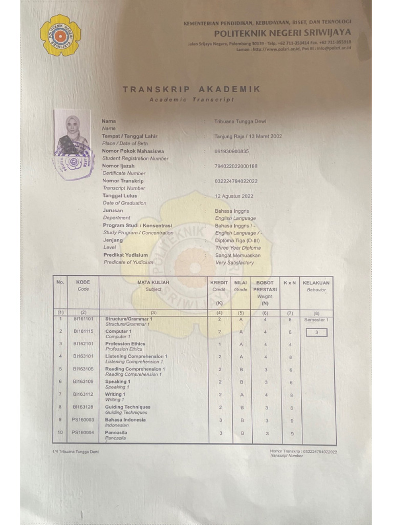 Transkrip Nilai Trib | PDF