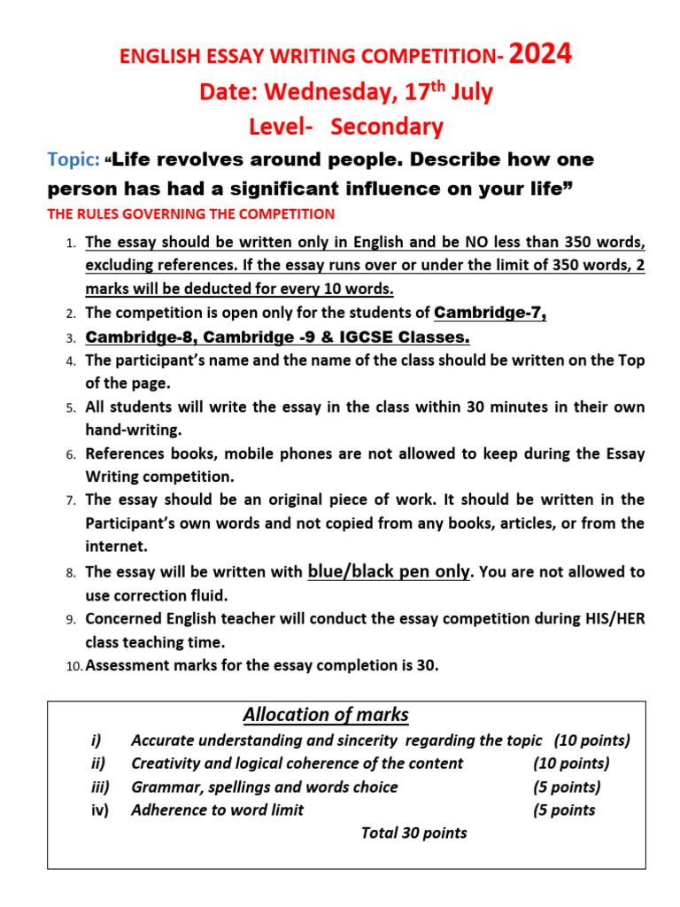 Essay Writing Competition-2024 Rules | PDF | Essays | English Language
