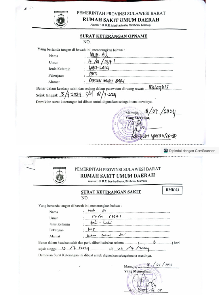 Surat Keterangan Sakit Muh - Ali | PDF