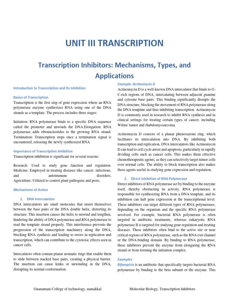 Unit 3 - Transcription Inhibitors | PDF | Transcription Factor | Gene Expression