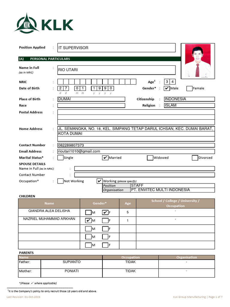 KLK Job Application Form Terbaru | PDF | Human Resources | Audit