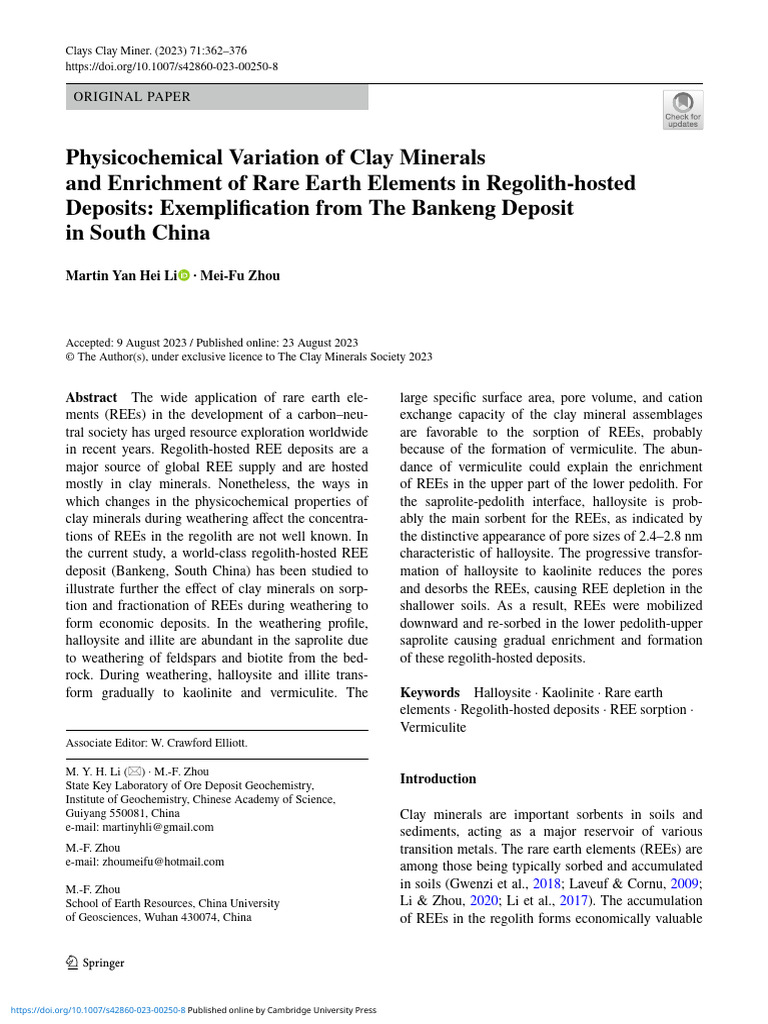 Physicochemical Variation of Clay Minerals and Enrichment of Rare Earth ...