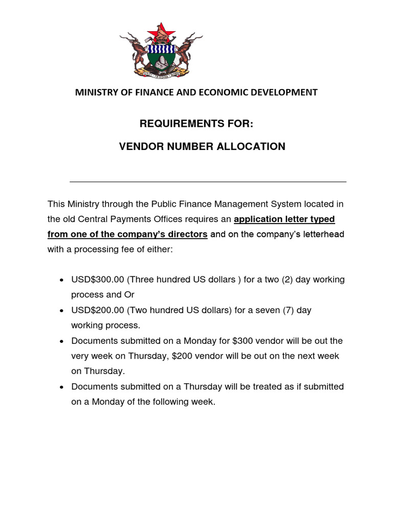 Vendor Requirements - Ministry of Finance Zimbabwe | PDF