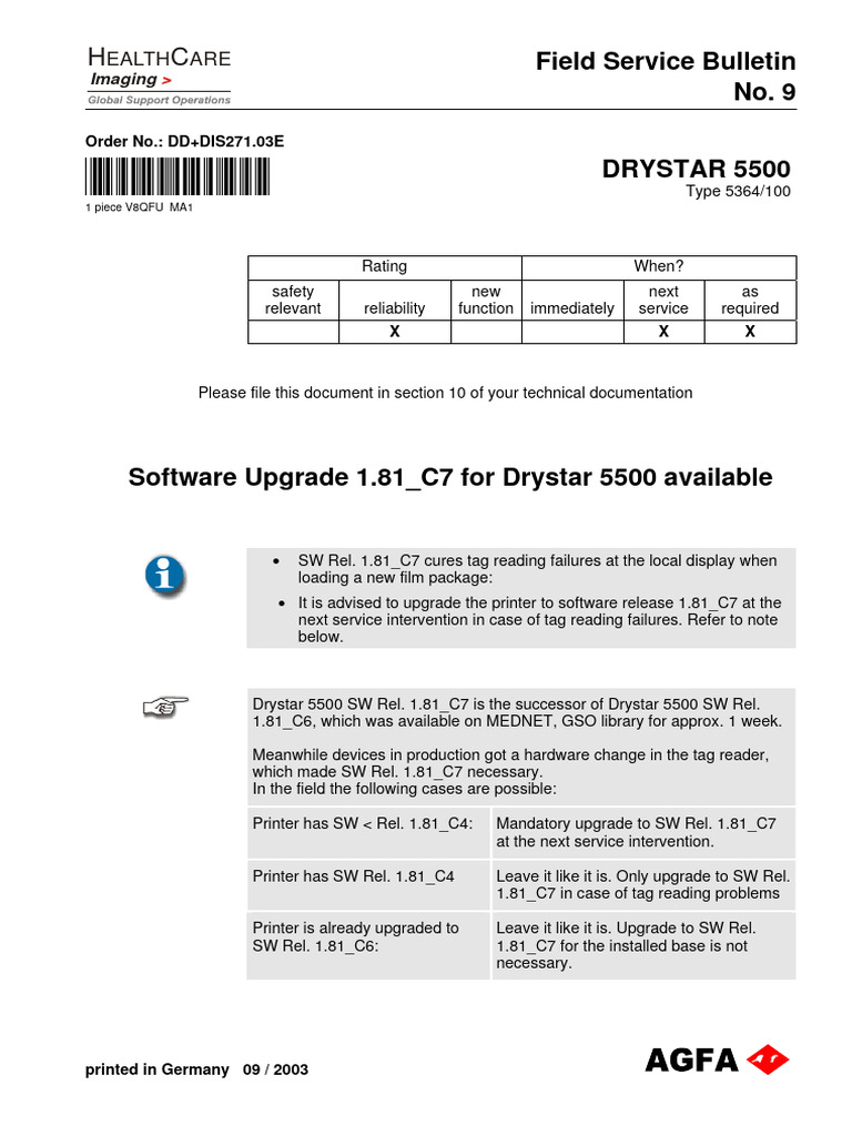 FSB 09 - Software Upgrade 1.81 - C7 For Drystar 5500 Available 1.0 ...