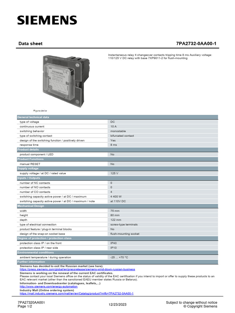 7PA27320AA001 Datasheet en | PDF | Relay | Electrical Engineering