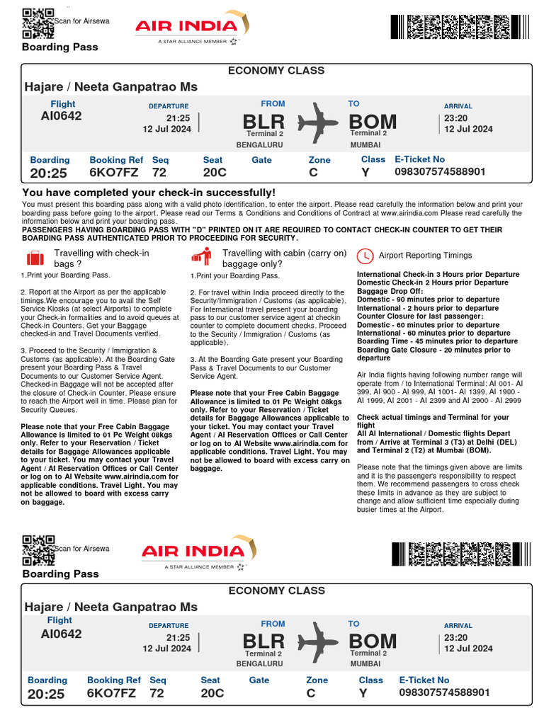 Air India Ticket To Bombay | PDF | Aviation