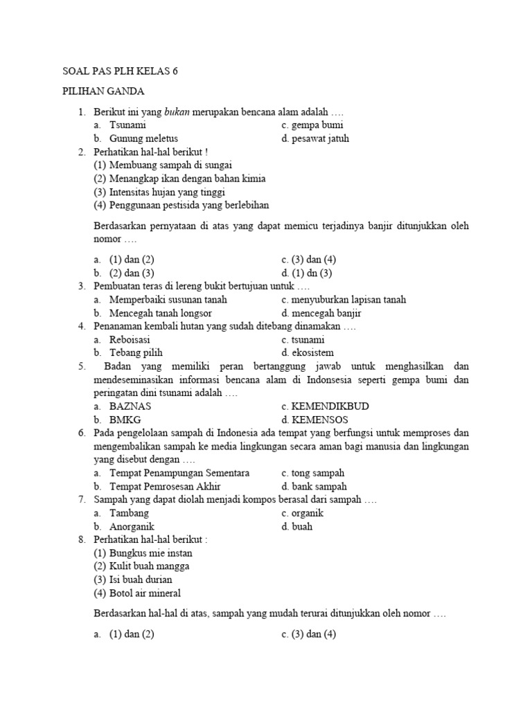 Soal Pas PLH Kelas 6 2024 | PDF
